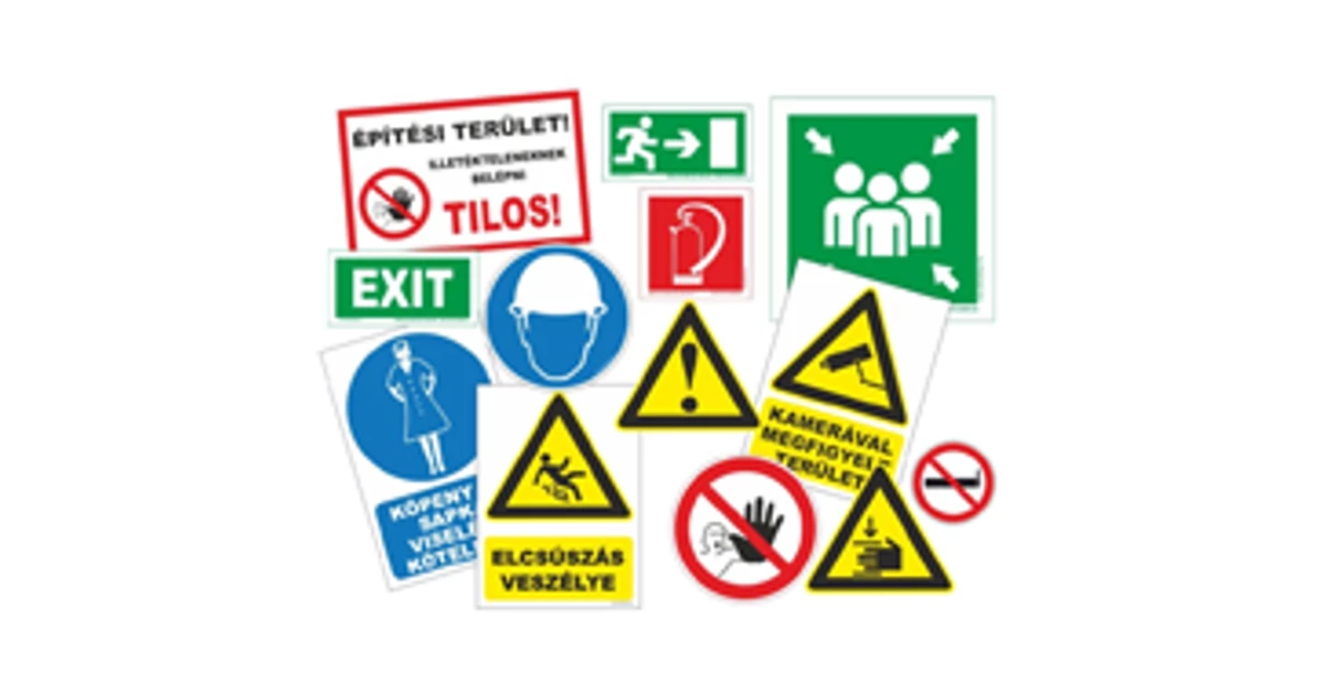 Munkavédelmi és érintésvédelmi táblák, matricák, piktogramok